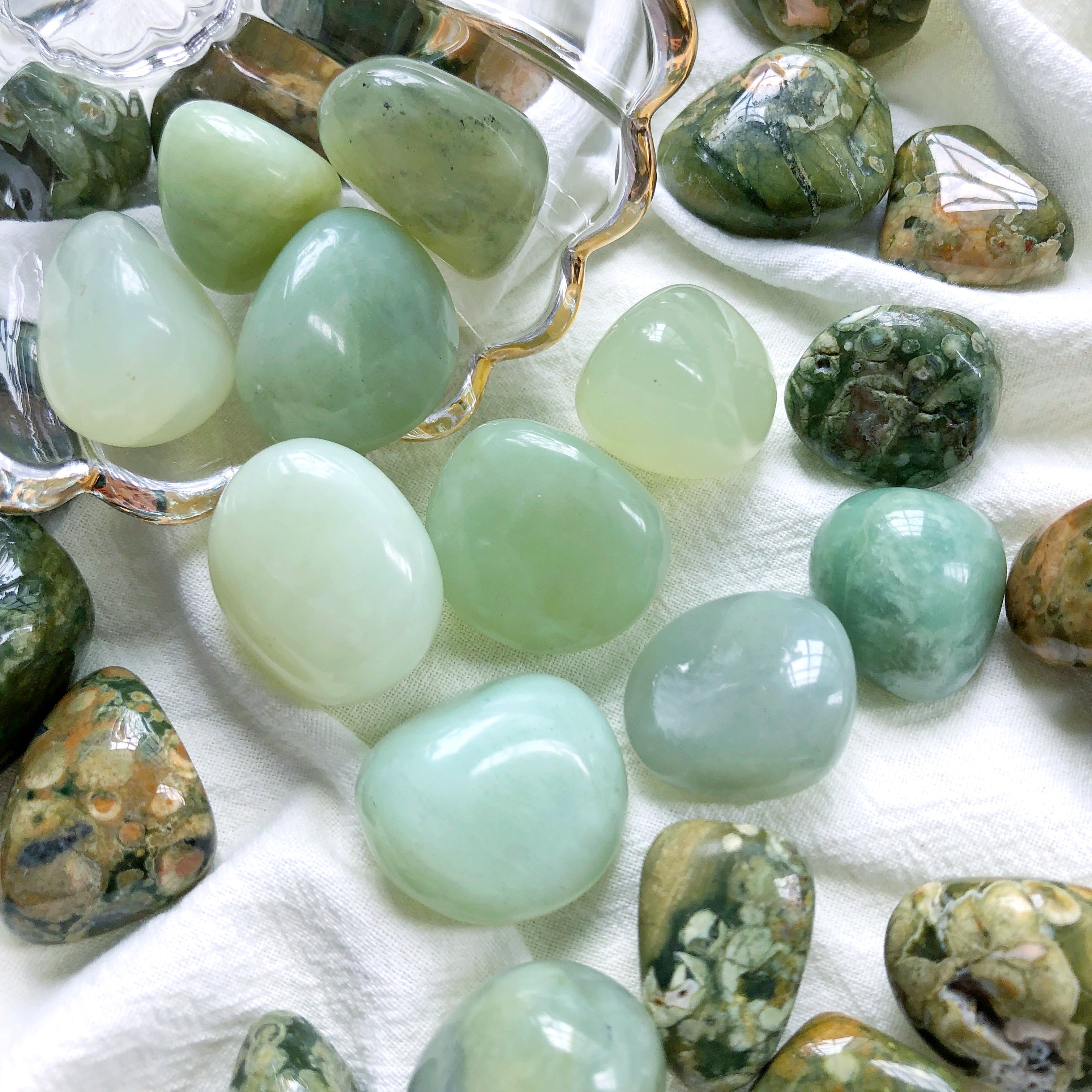 New Jade (Serpentine) Tumbled Stones — Shimmer & Light
